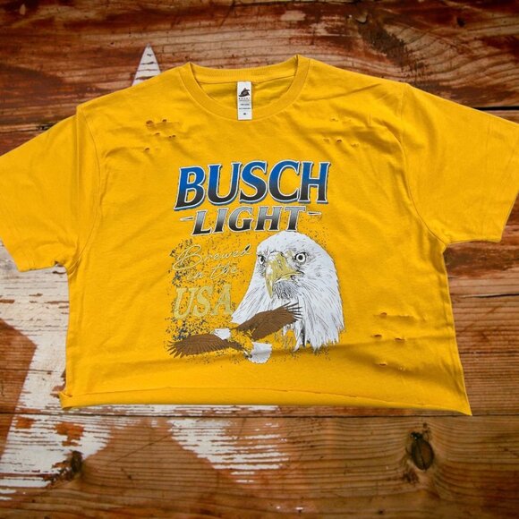 Tops | Busch Light Yellow Distressed Crop Top | Poshmark